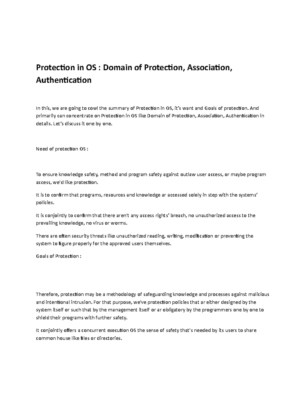 Protection in OS Domain of Protection, Association, Authentication ...