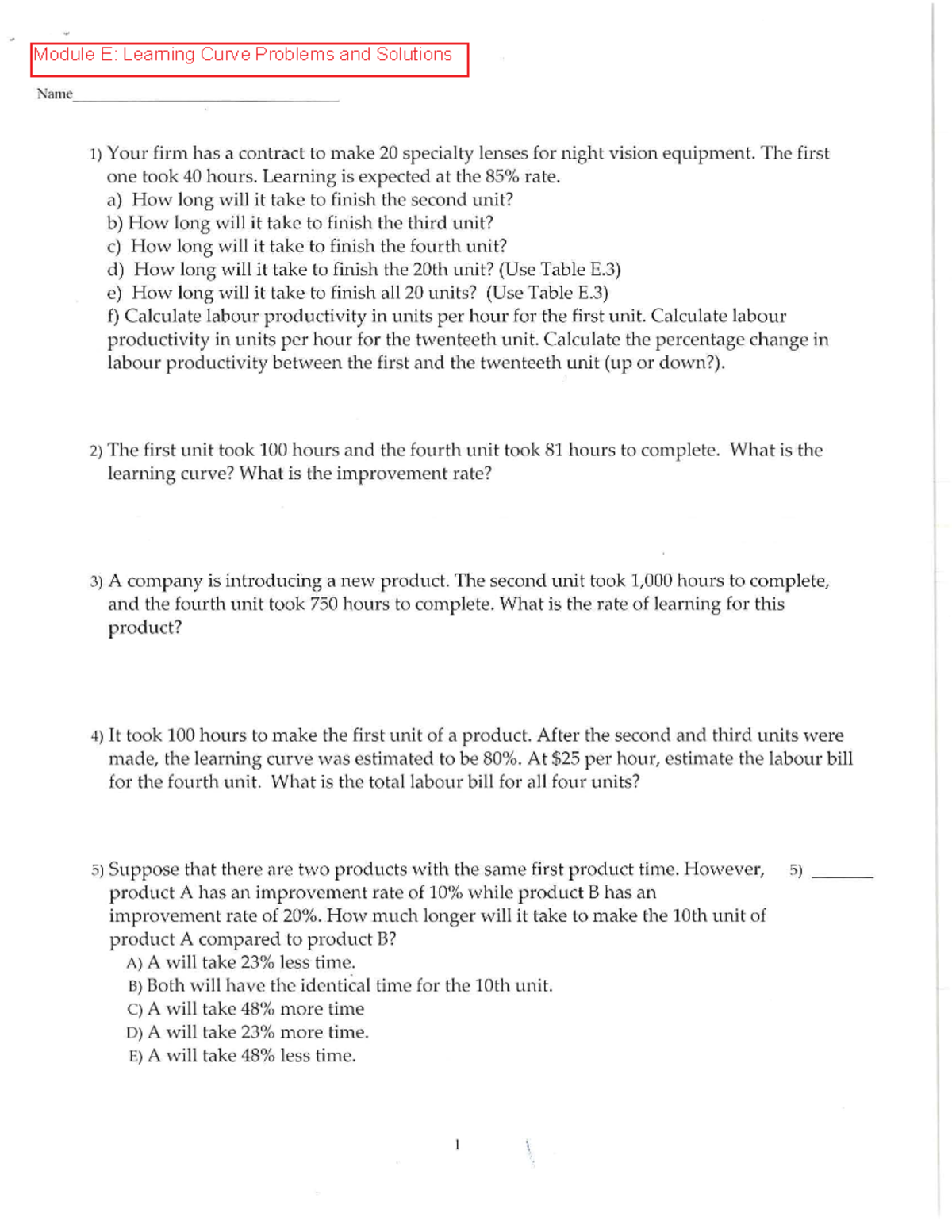 Module E- problems and solutions - Fare3310 - Module E: Learning Curve ...