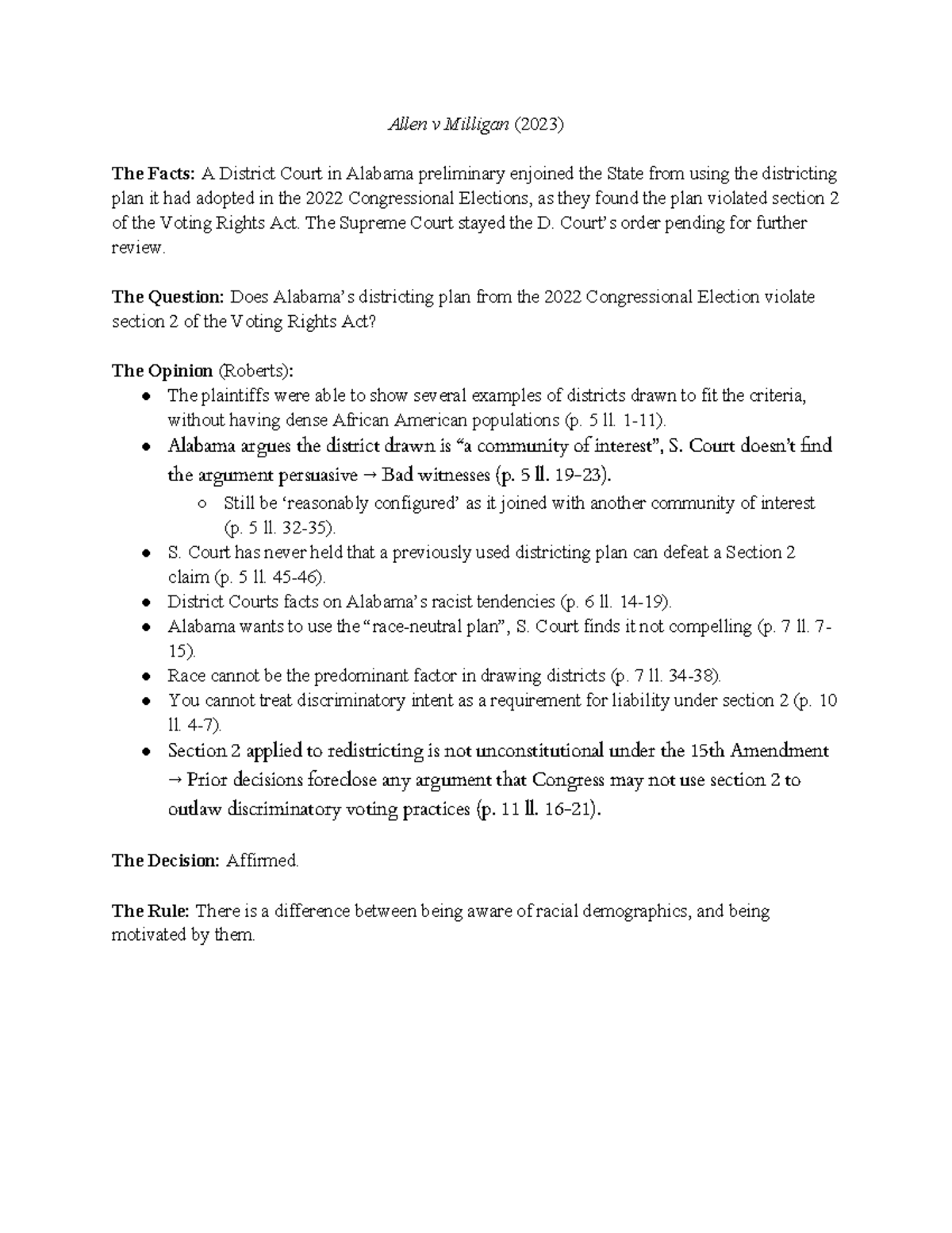 Allen v. Milligan Brief - Allen v Milligan (2023) The Facts: A District Court in Alabama ...