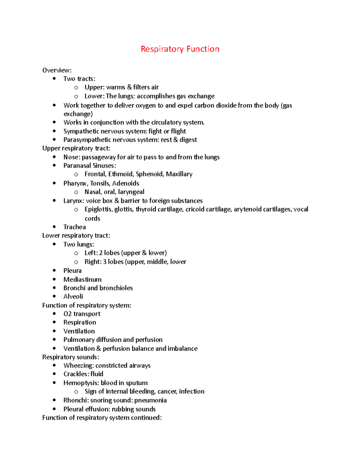 Medical Surgical 1 Respiratory Function Study Guide - Respiratory ...
