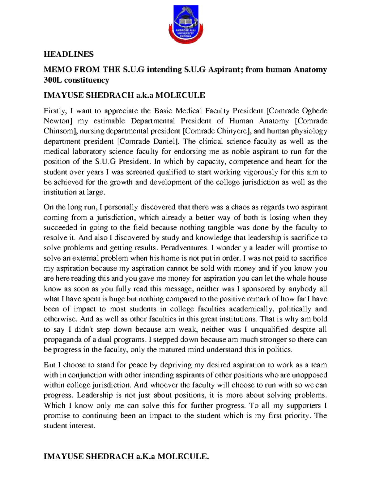 Headlines - Nil - HEADLINES MEMO FROM THE S.U intending S.U Aspirant; from human Anatomy 300L ...