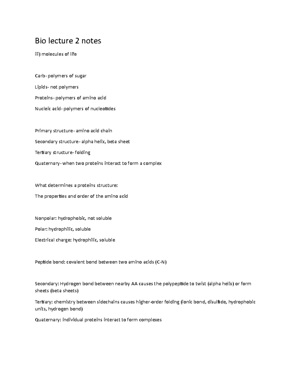 Bio lecture 2 notes - Bio lecture 2 notes iii) molecules of life Carb ...