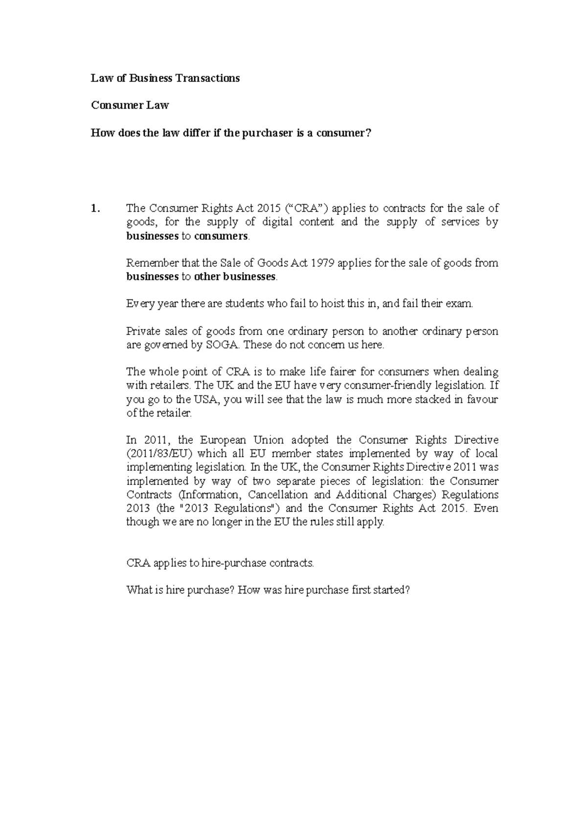 Consumer law lecture - Law of Business Transactions Consumer Law How ...