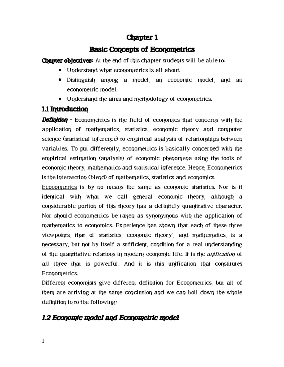 Chapter 1 and 2 econometrix - Chapter 1 Basic Concepts of Econometrics Chapter objectives: At ...