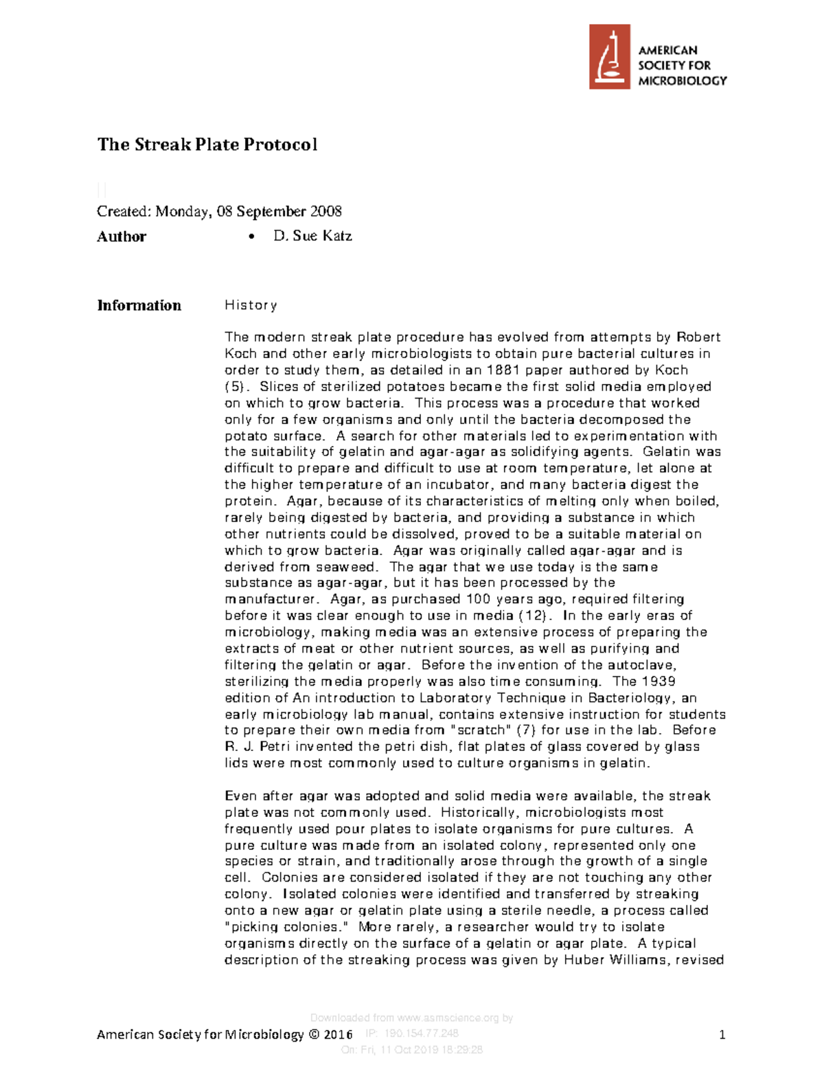 2008 The Streak Plate Protocol - Downloaded from asmscience by IP: 190. ...