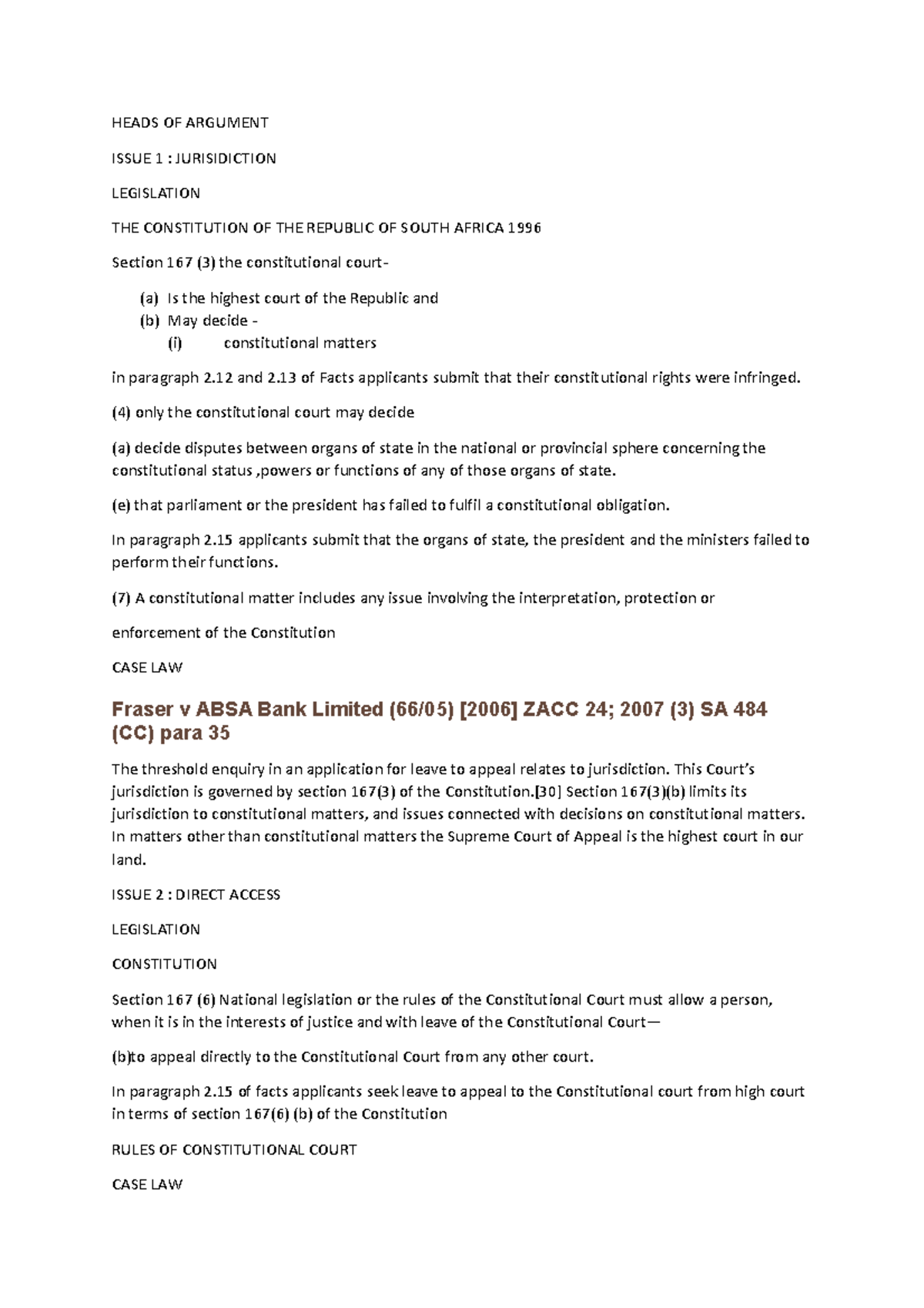 Heads OF Argument - HEADS OF ARGUMENT ISSUE 1 : JURISIDICTION ...