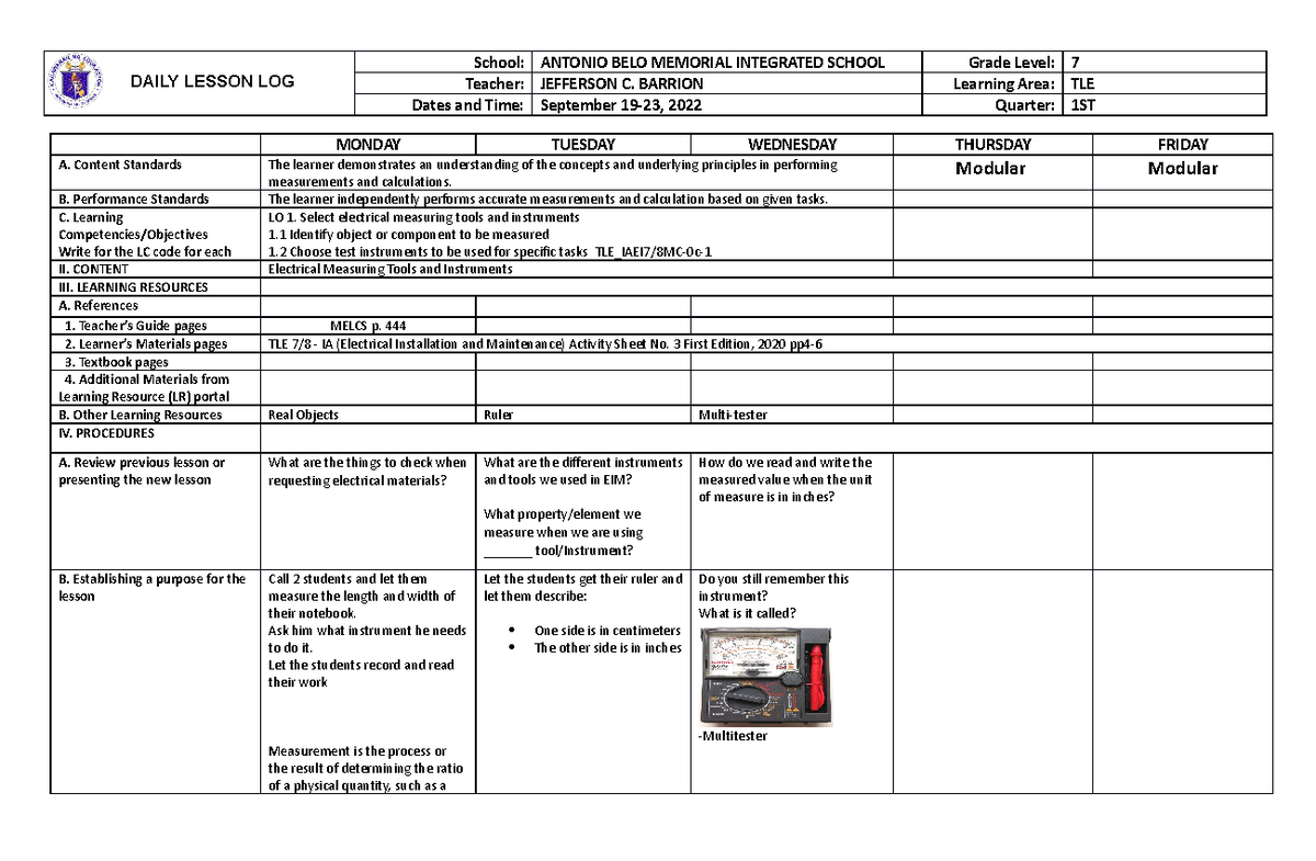 DLL in TLE Q1 EIM 3 - Tools - DAILY LESSON LOG School: ANTONIO BELO MEMORIAL INTEGRATED SCHOOL ...