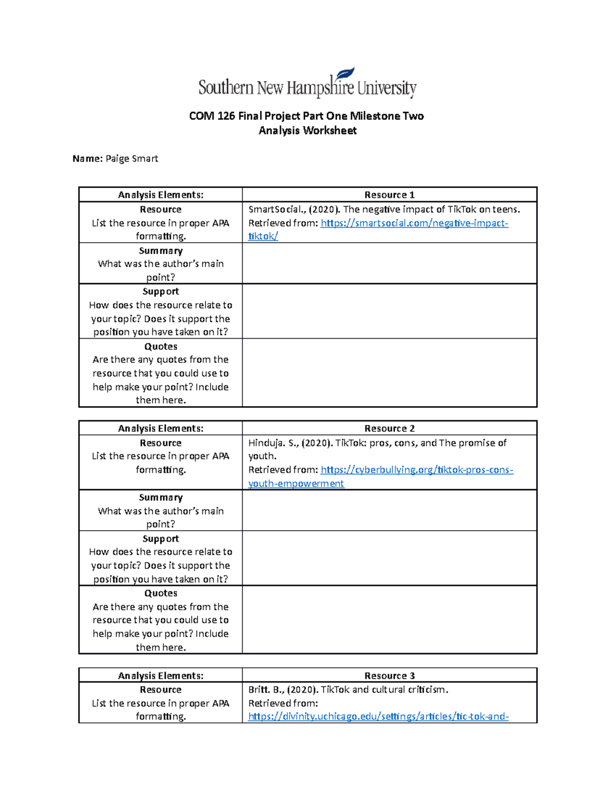 COM 126 Final Project Part One Milestone Two Analysis Worksheet ...