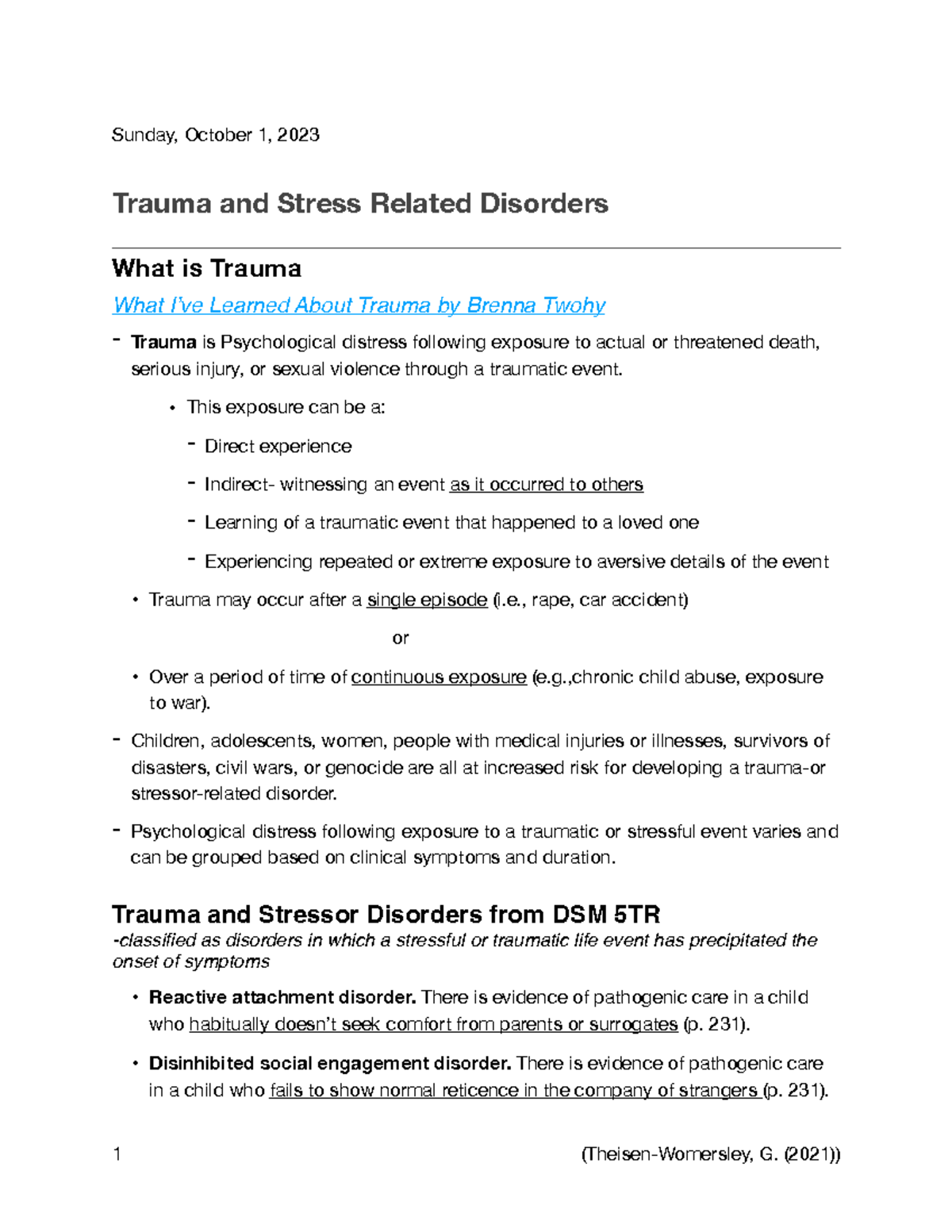 Trauma Presentation Class Notes Print out - Sunday, October 1, 2023 ...