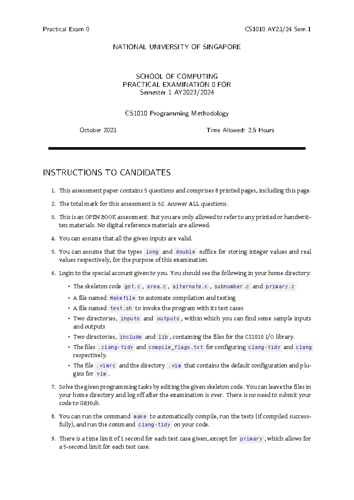CS1010 23/24 PE0 - NATIONAL UNIVERSITY OF SINGAPORE SCHOOL OF COMPUTING PRACTICAL EXAMINATION 0 ...