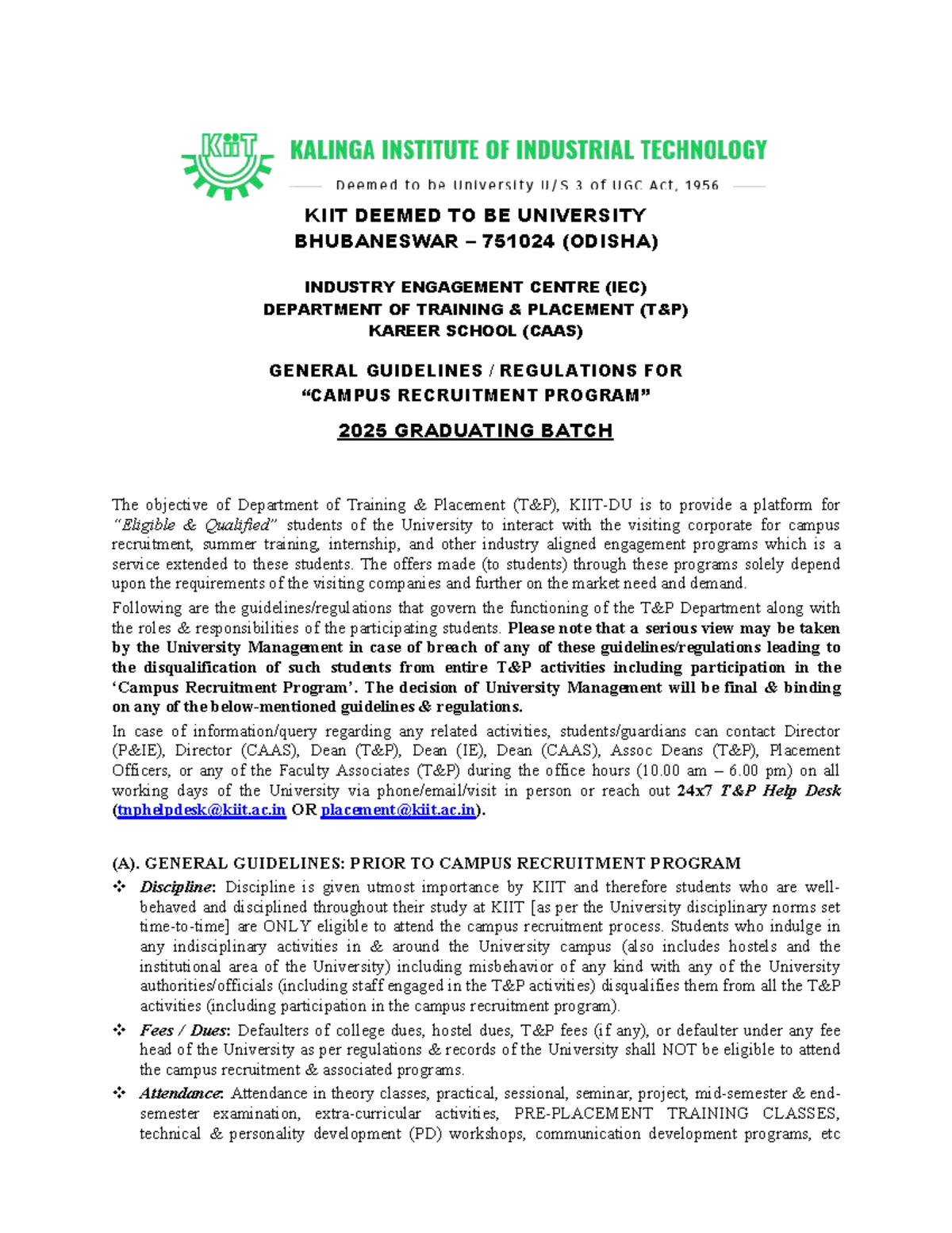 T&P Regulations 2025 Batch - KIIT DEEMED TO BE UNIVERSITY BHUBANESWAR ...