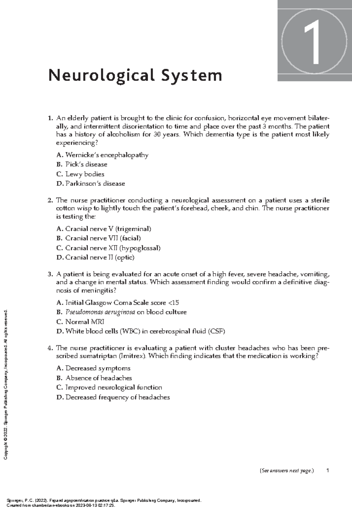 Chapter 1 Neurological System Q&A - (See answers next page.) 1 ...