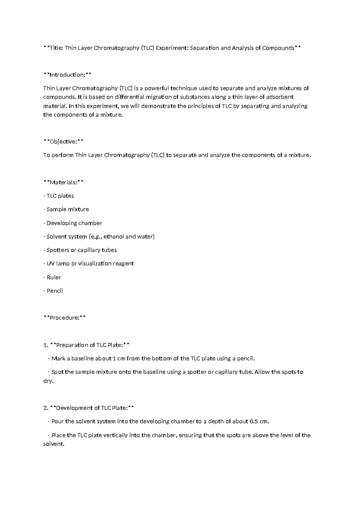 TLC Practical 2 - Title: Thin Layer Chromatography (TLC) Experiment ...