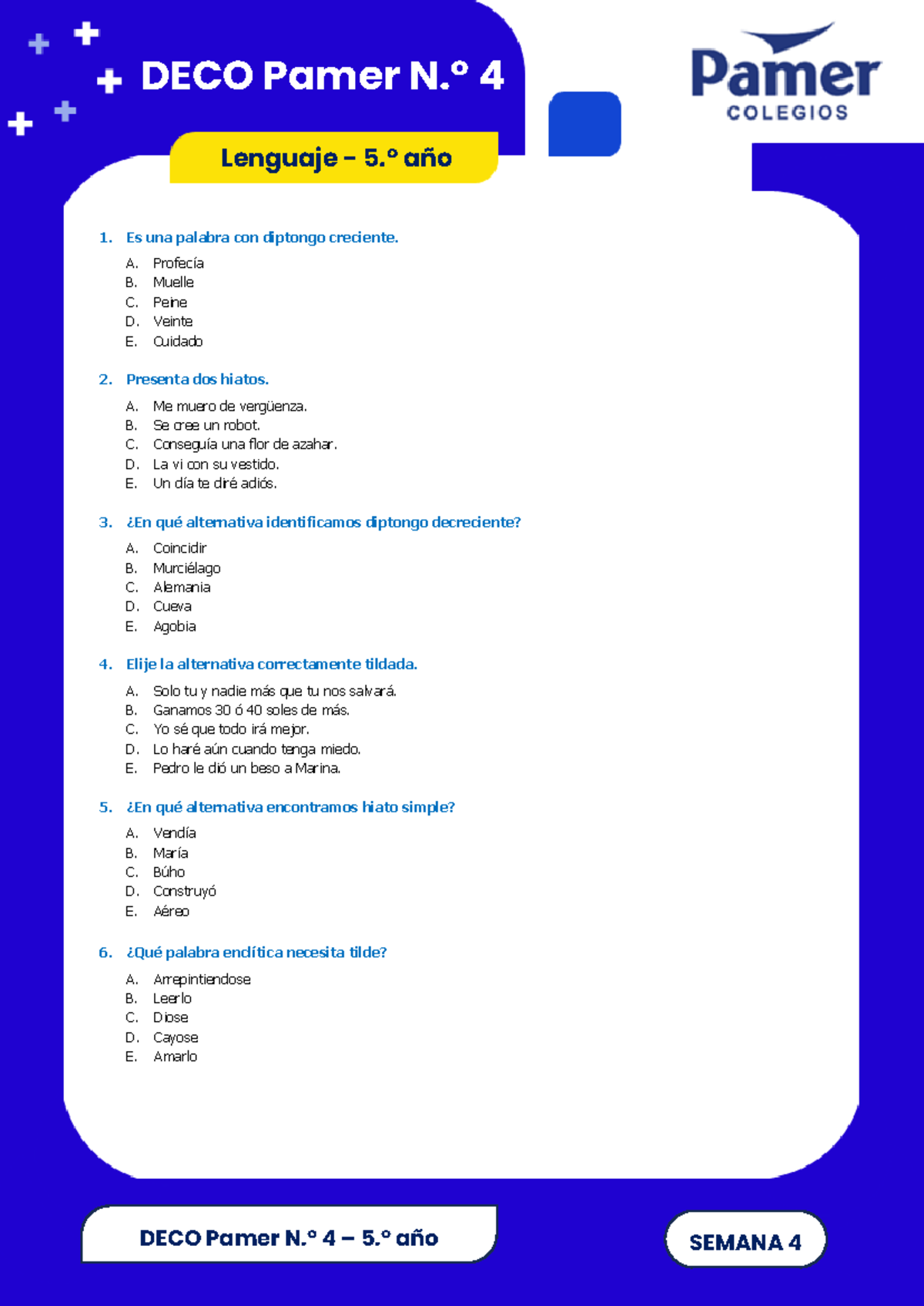 DECO 5.° AÑO LENG Semana 4 I BIM 2024 - Lenguaje - 5.° año DECO Pamer N ...