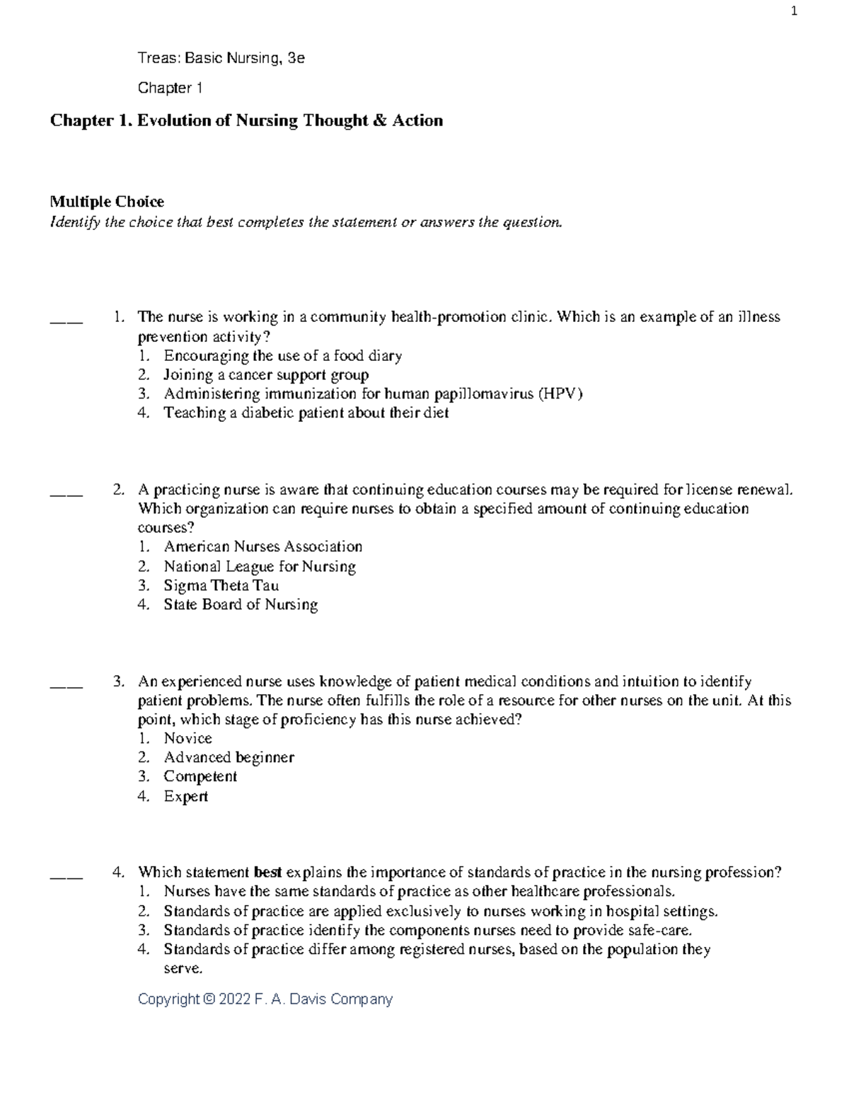 Chapter 01 - Basic Nursing Test BAnk - Treas: Basic Nursing, 3e Chapter ...