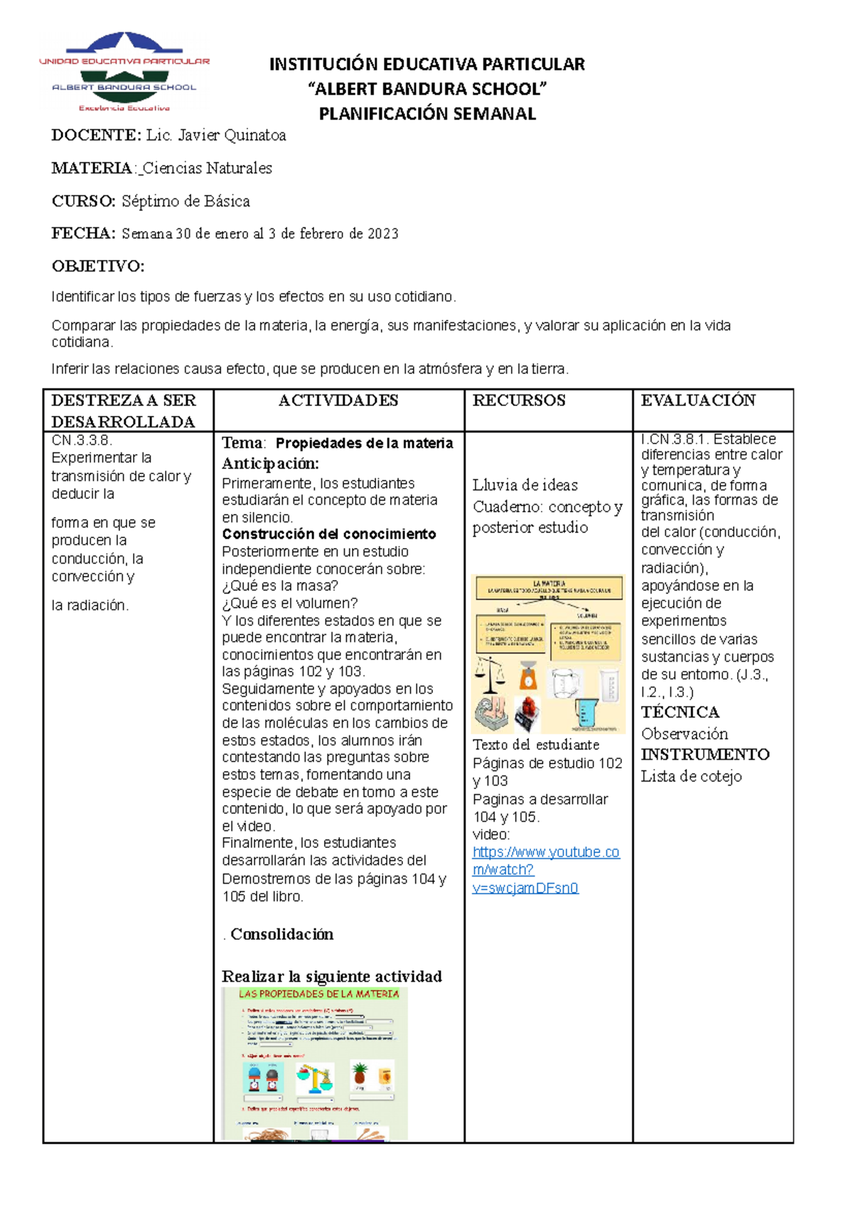 Planificación semanal febrero ciencias naturales - “ALBERT BANDURA ...