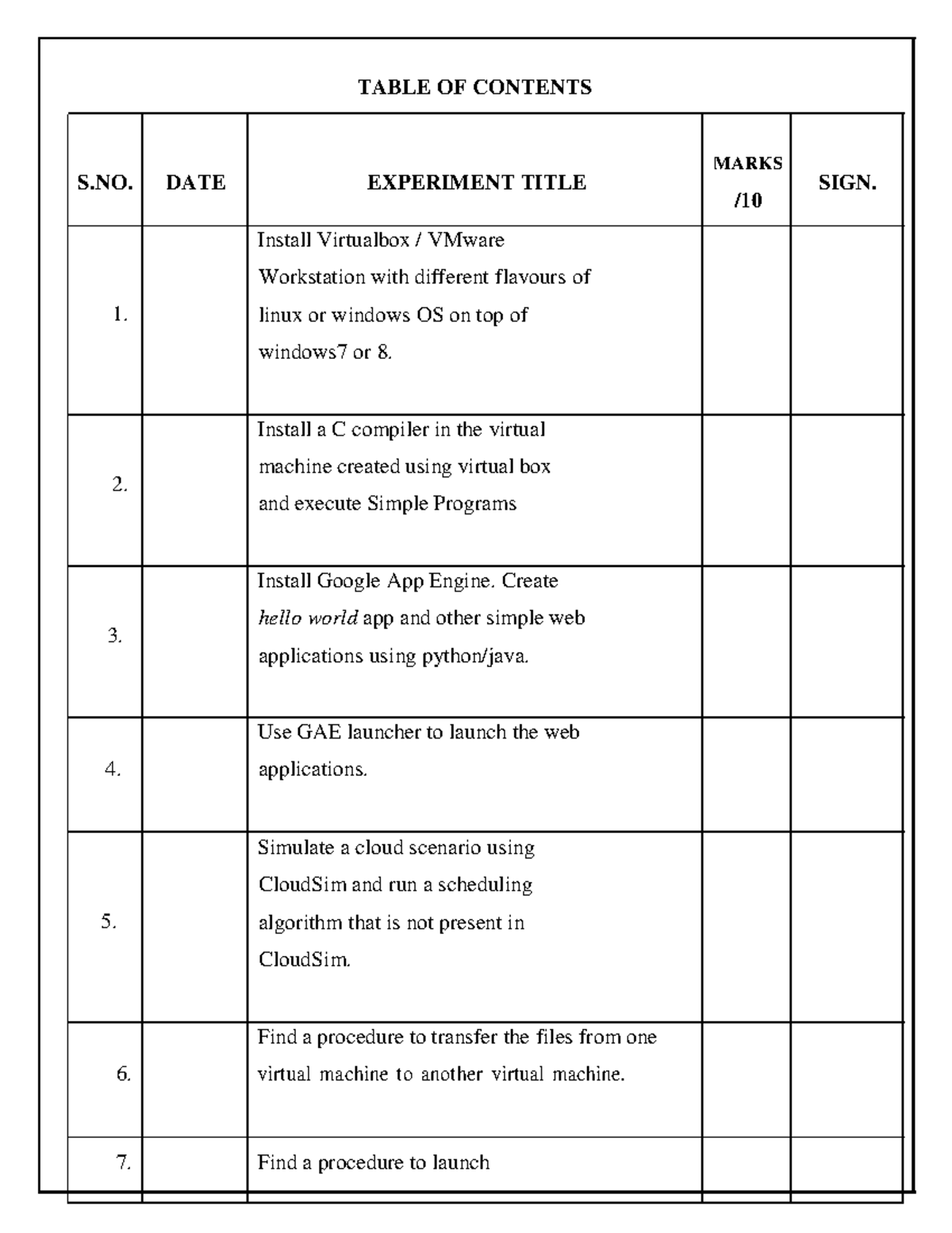 CS8711- Cloud Computing LAB - TABLE OF CONTENTS S. DATE EXPERIMENT ...