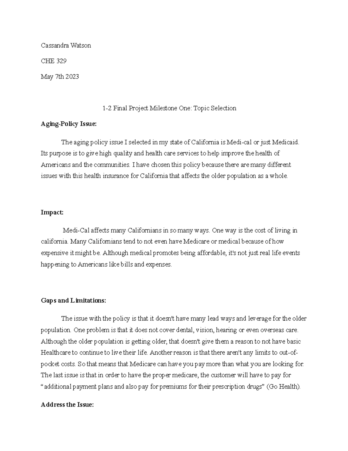 1-2 Final Project Milestone One Topic Selection - Cassandra Watson CHE ...