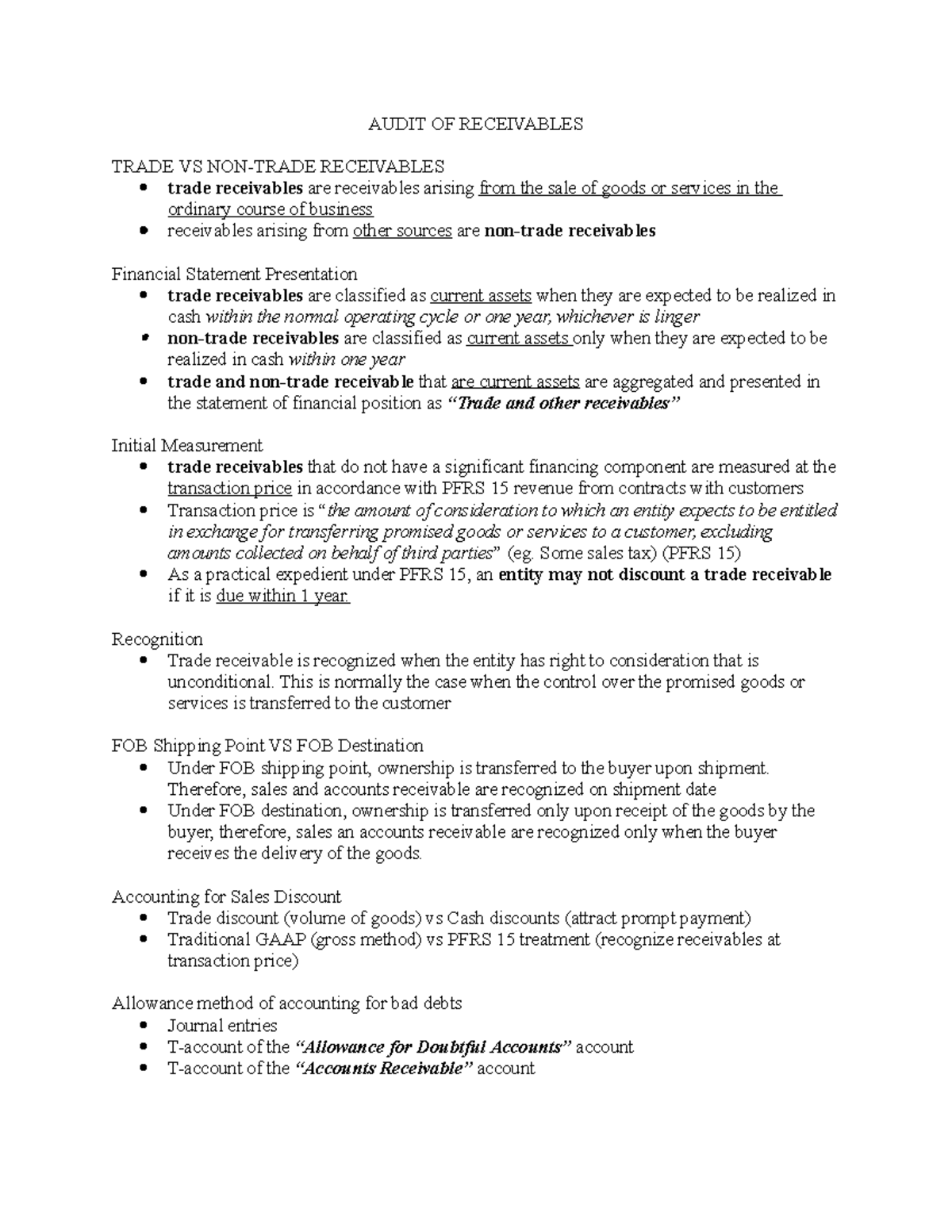 Accounts receivables lecture - AUDIT OF RECEIVABLES TRADE VS NON-TRADE ...