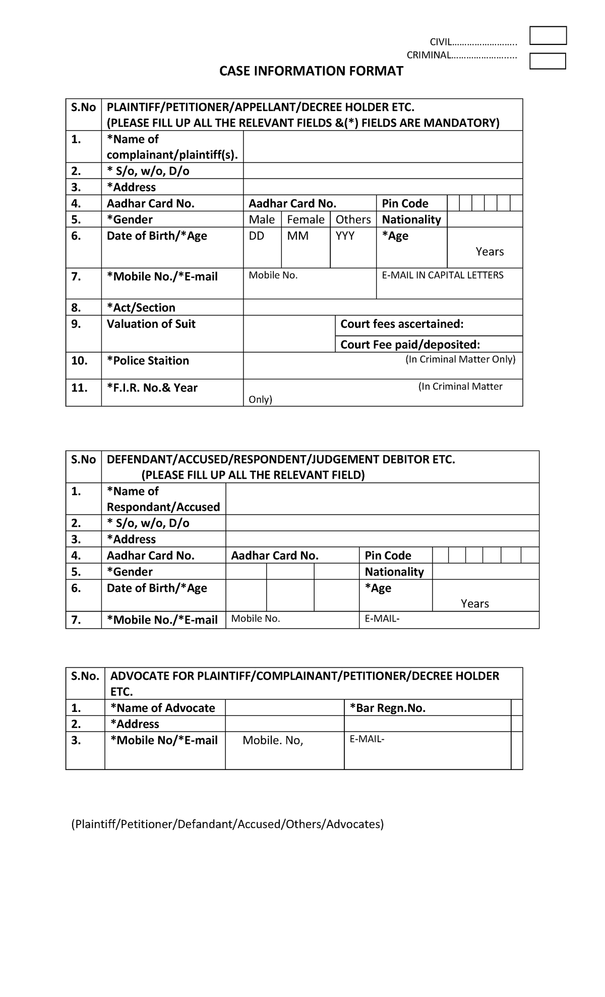 CASE Information Format - CIVIL.......................... CRIMINAL