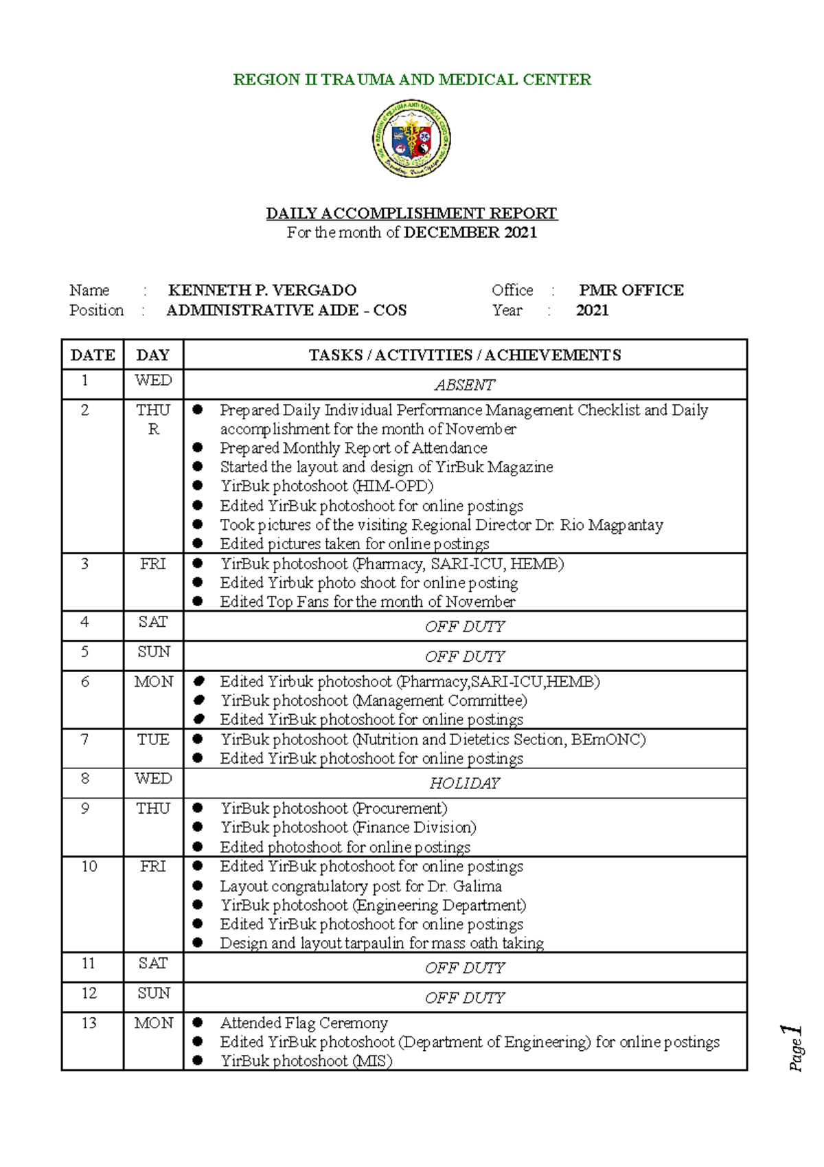 ( October) Daily Accomplishment Report - Copy - Copy - REGION II TRAUMA ...