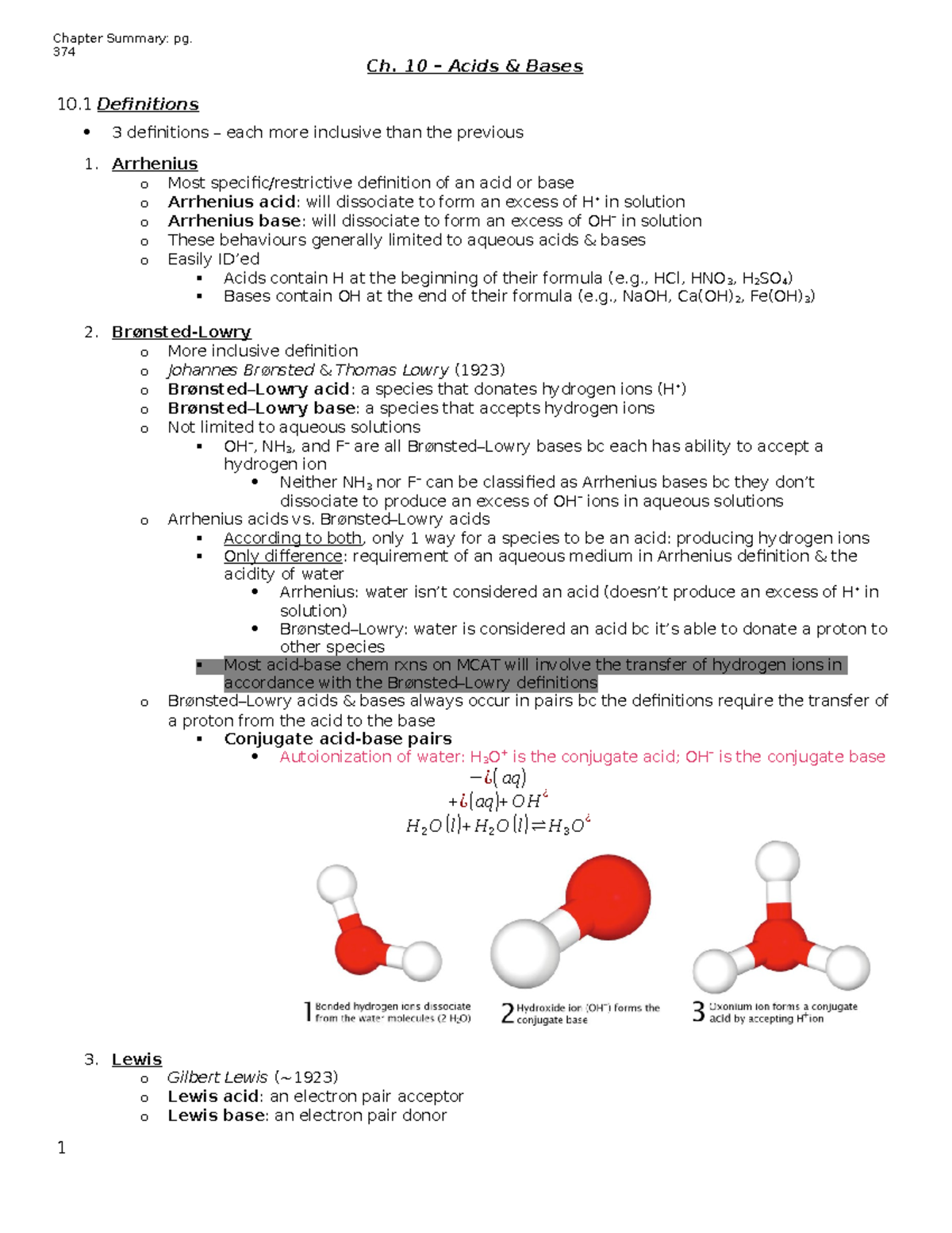 Acids & Bases Summary Notes - Ch. 10 – Acids & Bases 10 Definitions 3 ...