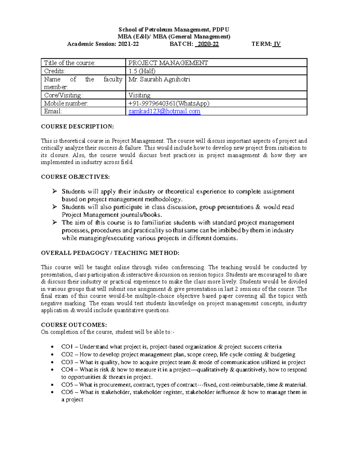 PM Detailed Course Outline - School of Petroleum Management, PDPU MBA ...