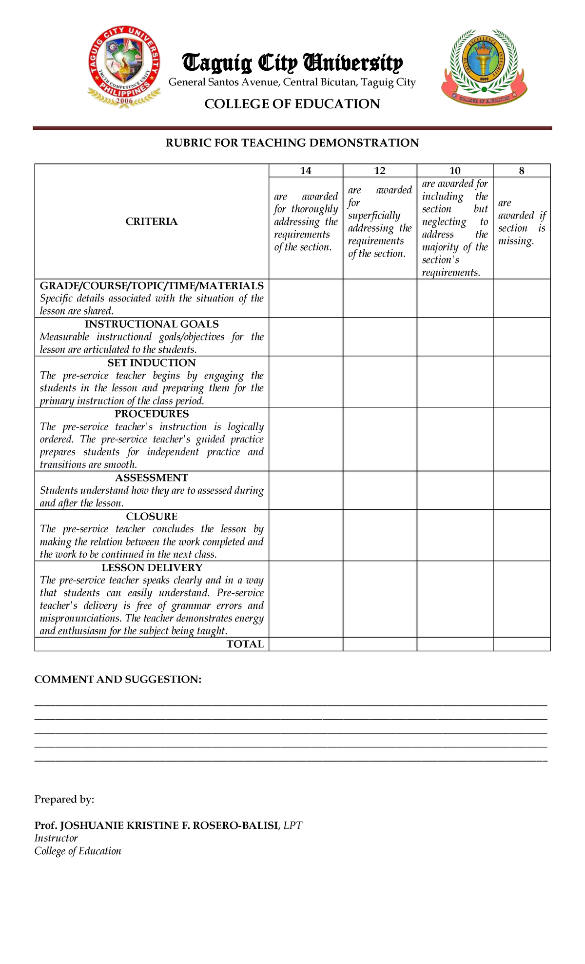 Rubric FOR Teaching Demonstration - Taguig City University General ...