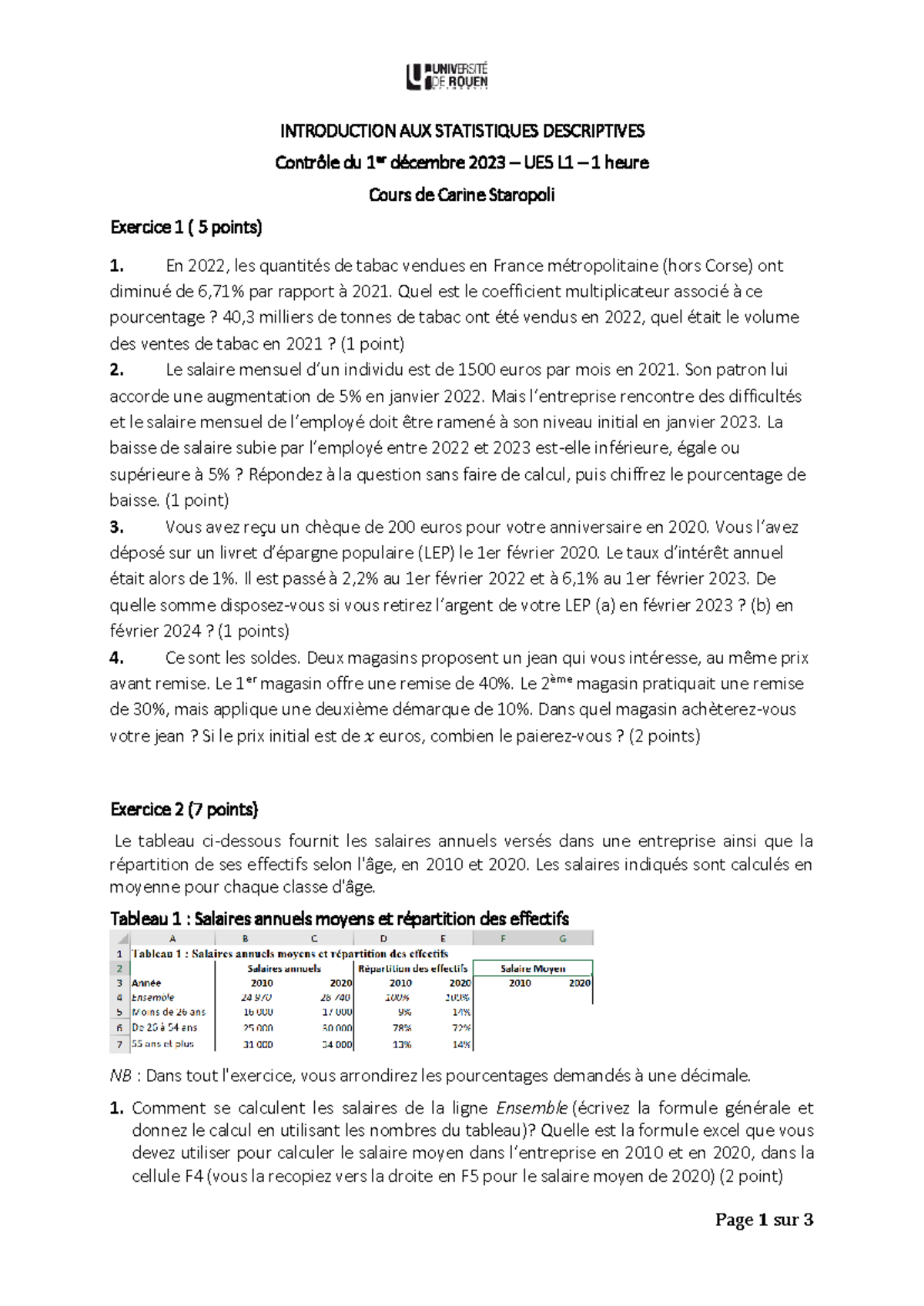 CC1 Sujet - Partiel 1 - Page 1 sur 3 INTRODUCTION AUX STATISTIQUES DESCRIPTIVES Contrôle du 1er ...
