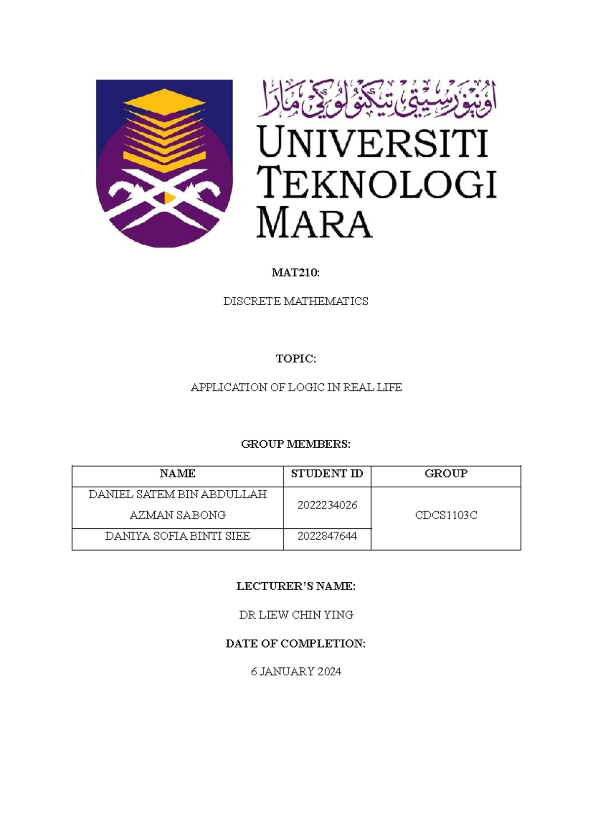 MAT210 Group Assignment - Discrete Mathematics - MAT210: DISCRETE ...