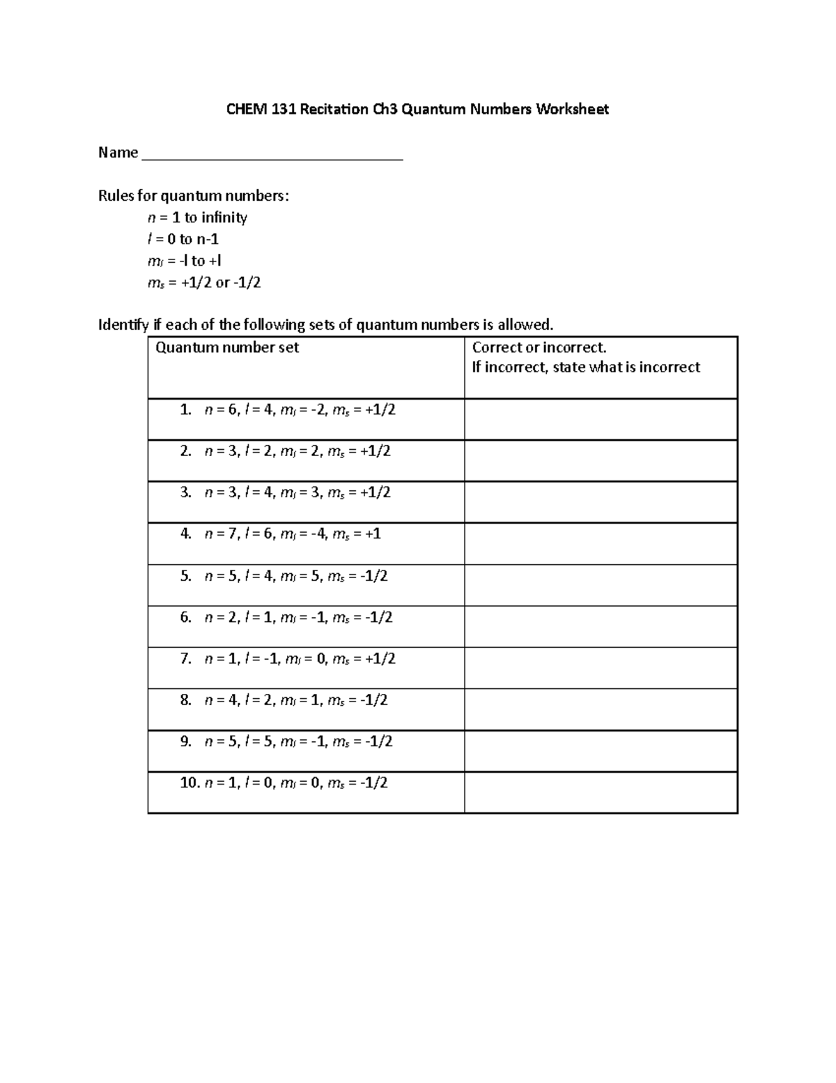 CHEM 131 Ch3 Recitation Quantum Numbers Worksheet - CHEM 131 Recitation Ch3 Quantum Numbers ...