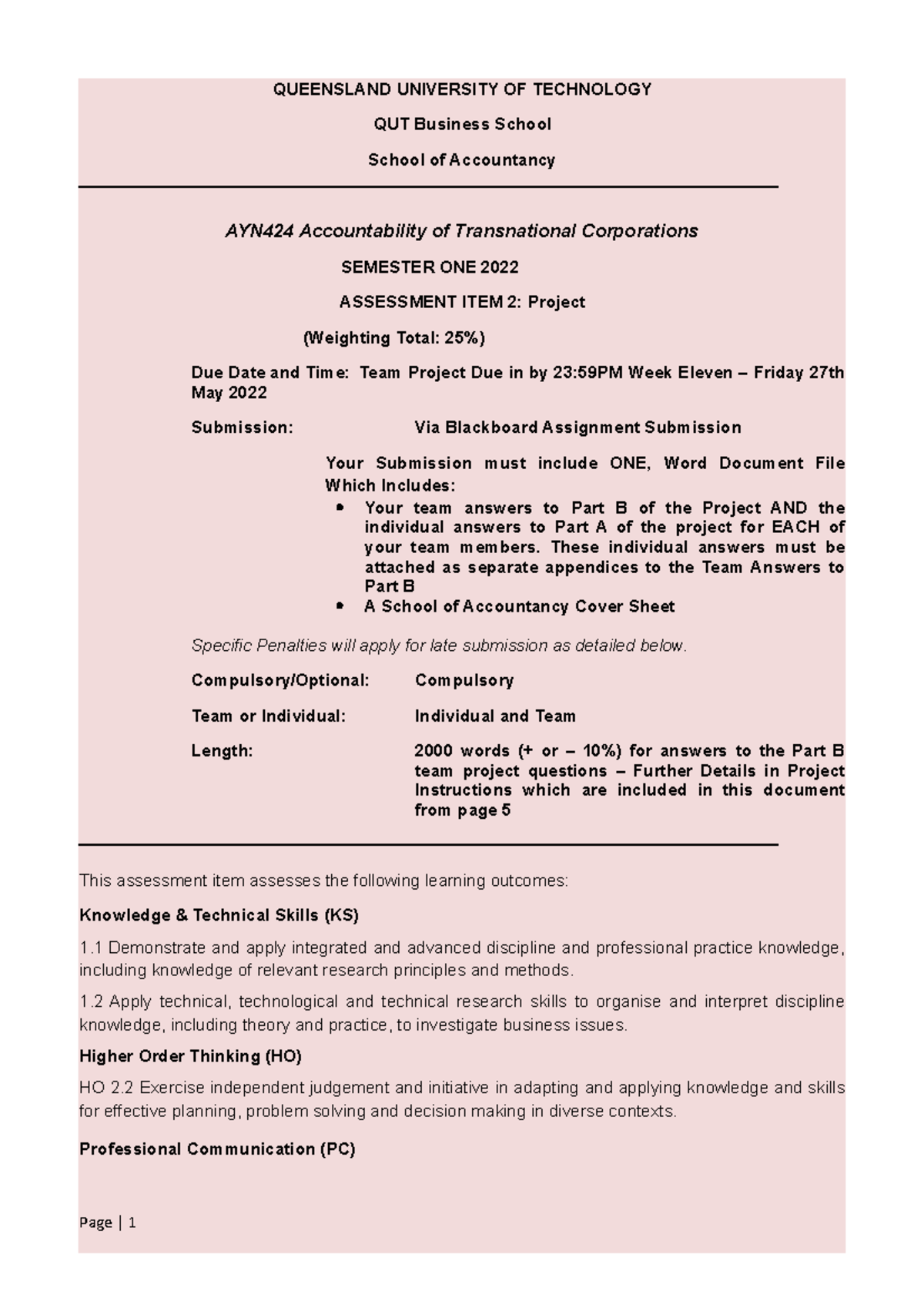 AYN424 Major Project BB16F Sem One 2022 - QUEENSLAND UNIVERSITY OF ...