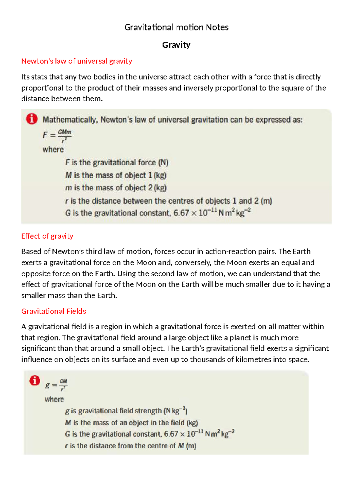 Gravitational motion Notes - Gravitational motion Notes Gravity Newton ...