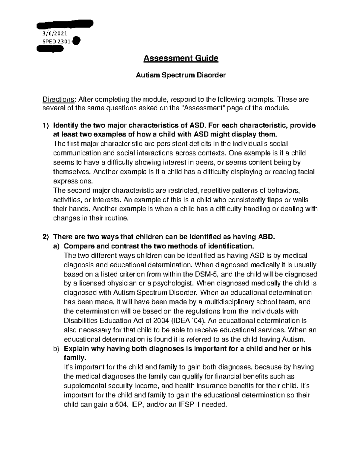 Module 4 assessmentguide: Autism Spectrum Disorder - Baldwin, Jasmine 3 ...