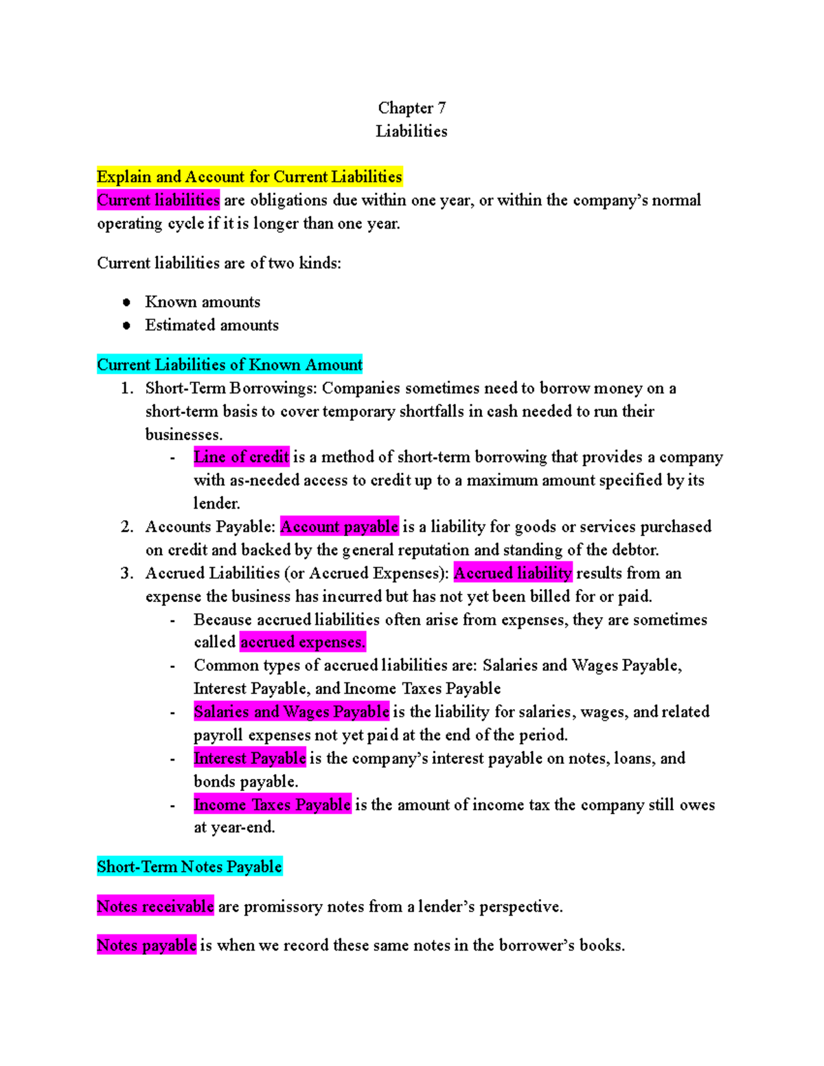Chapter 7 - book notes - Chapter 7 Liabilities Explain and Account for ...