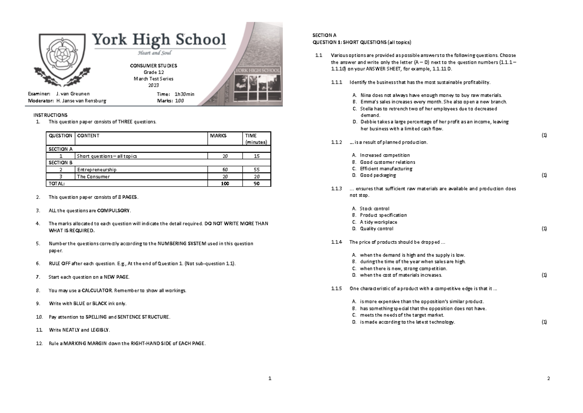 Grade 12 Term 1 Control Test Paper 2023 - INSTRUCTIONS This question ...