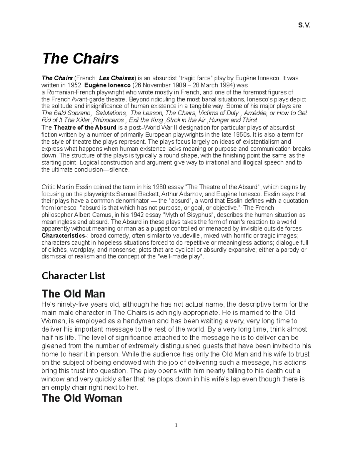 The Chairs (English language and literature) - The Chairs The Chairs ...