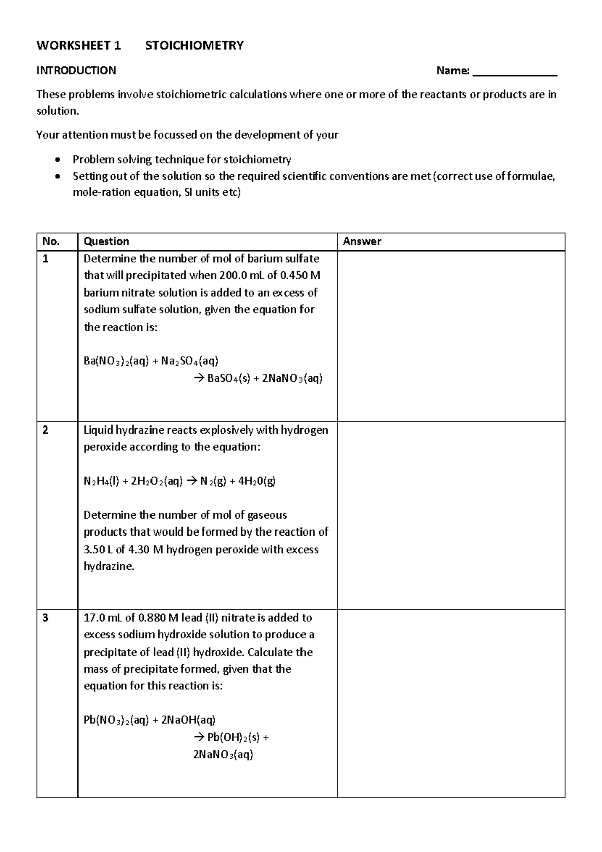 Worksheet 1 Stoichiometry - WORKSHEET 1 STOICHIOMETRY INTRODUCTION Name ...