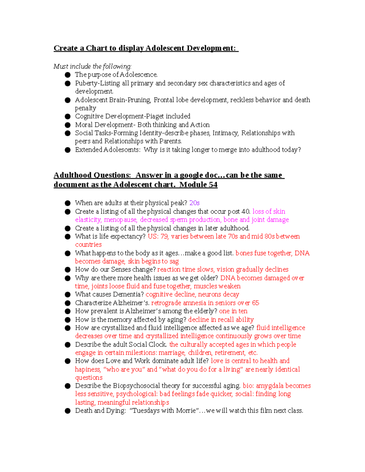 Developmental Psychology Worksheet - Create a Chart to display ...