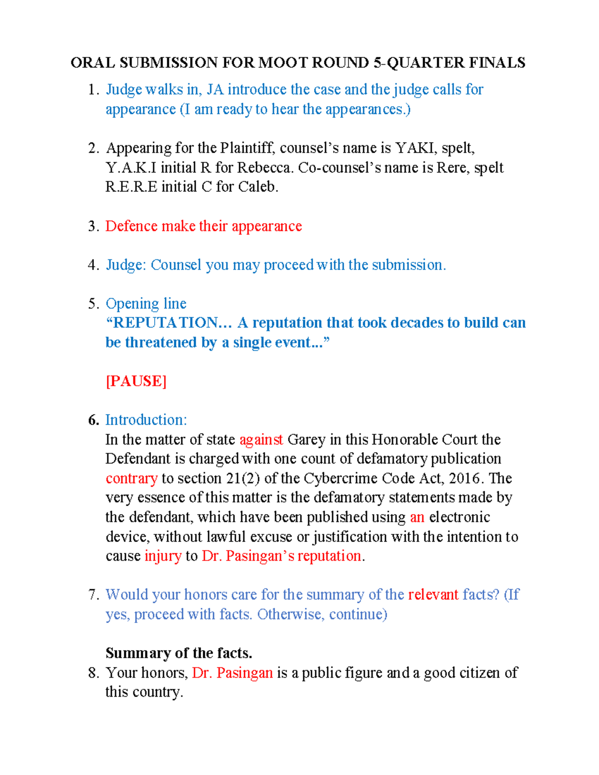 Becca - oral submission script - ORAL SUBMISSION FOR MOOT ROUND 5 ...