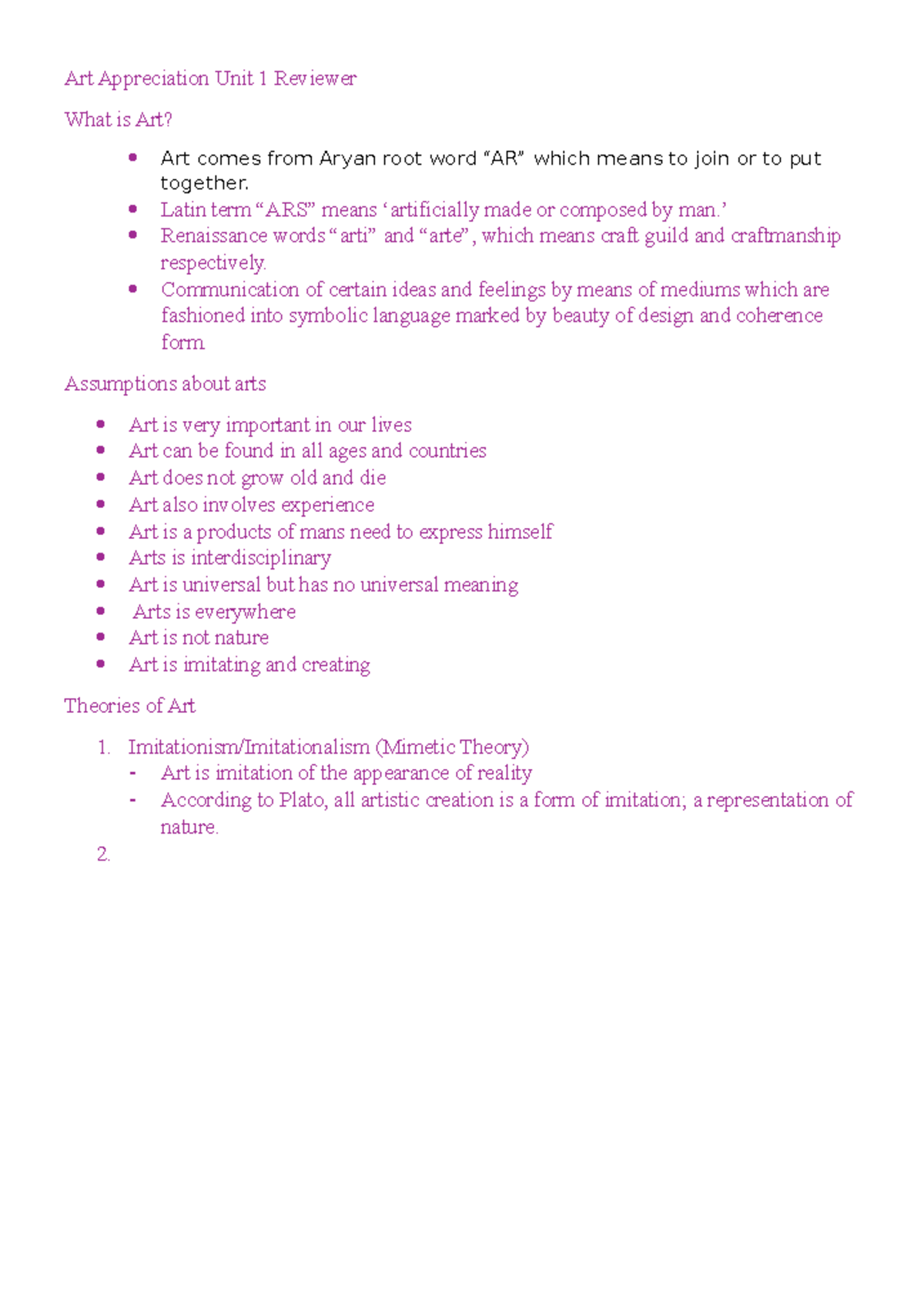 Psychology 100 Chapter 1 - Art Appreciation Unit 1 Reviewer What is Art ...