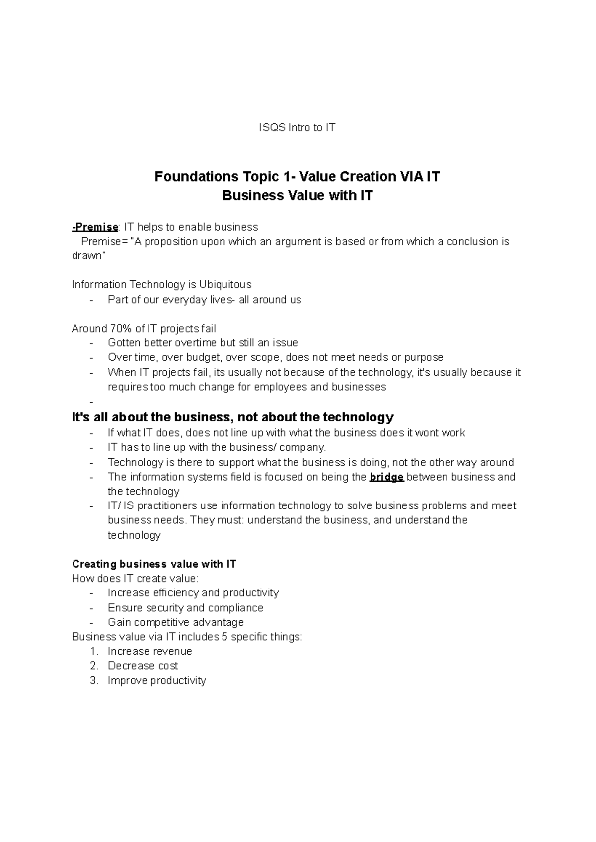 Business Value with IT -2 - ISQS Intro to IT Foundations Topic 1- Value ...