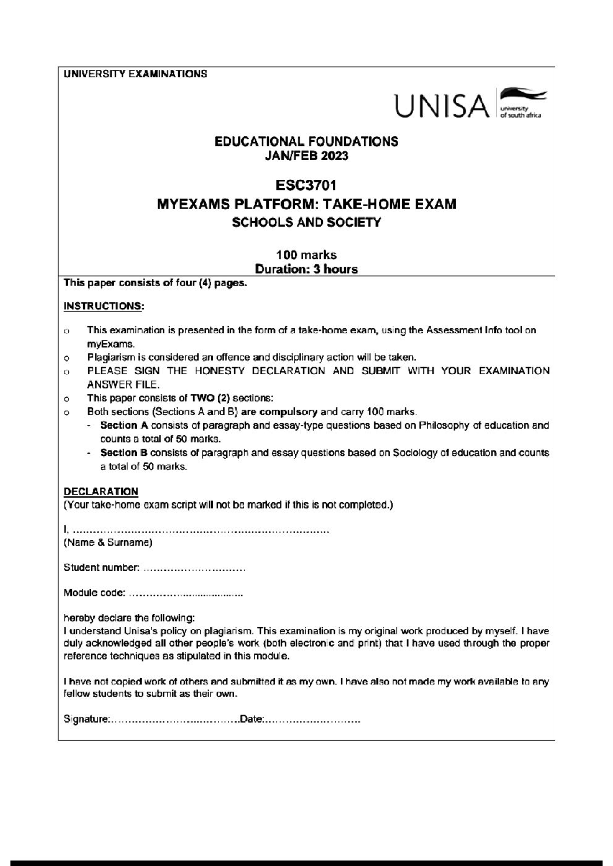 Esc jan - Previous exam paper - UNIVERSITY EXAMINATIONS UNISA ...