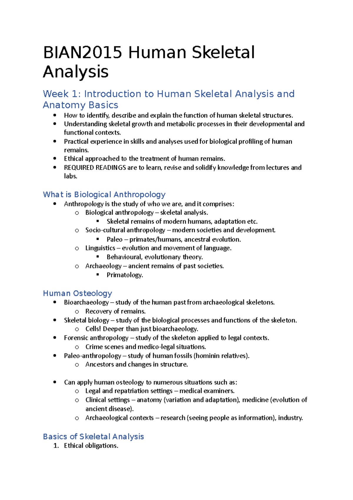 BIAN2015 Lecture Notes - BIAN2015 Human Skeletal Analysis Week 1 ...