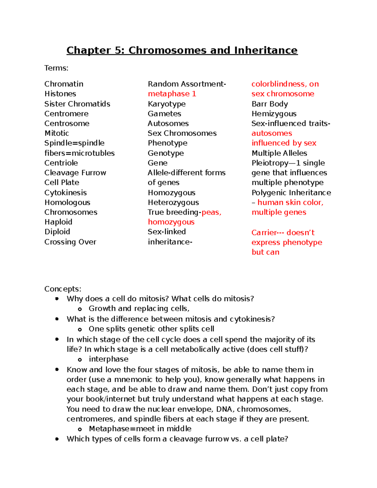 BIOL 102 Exam II Study Guide - Chapter 5: Chromosomes and Inheritance ...