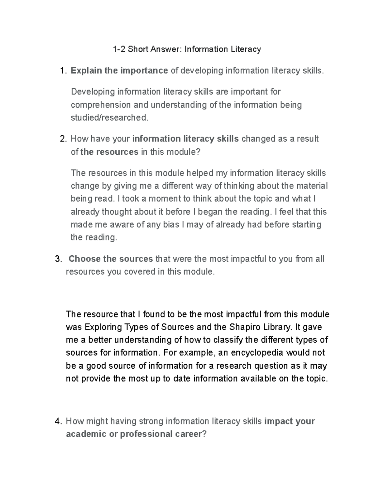 1-2 Short Answer Information Literacy - 1-2 Short Answer: Information ...