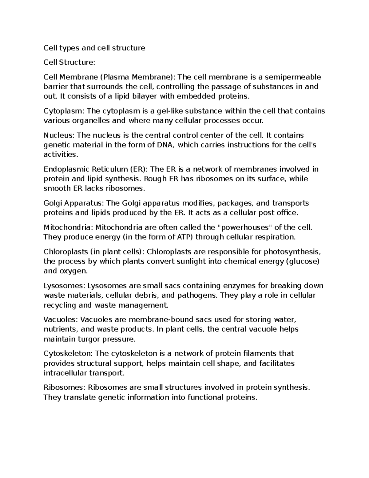 Reviewer-for-biology - Cell types and cell structure Cell Structure ...