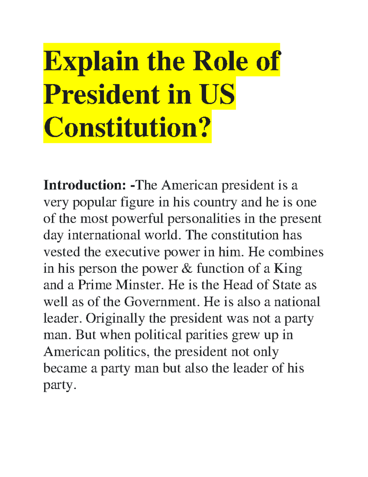 Explain the Role of President in US Constitution - Explain the Role of ...
