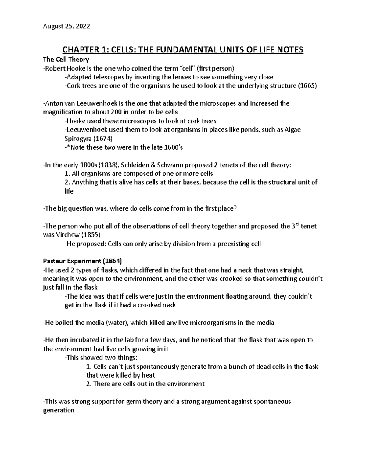 Chapter 1 Notes - Cells: The Fundamental Units of Life - August 25 ...