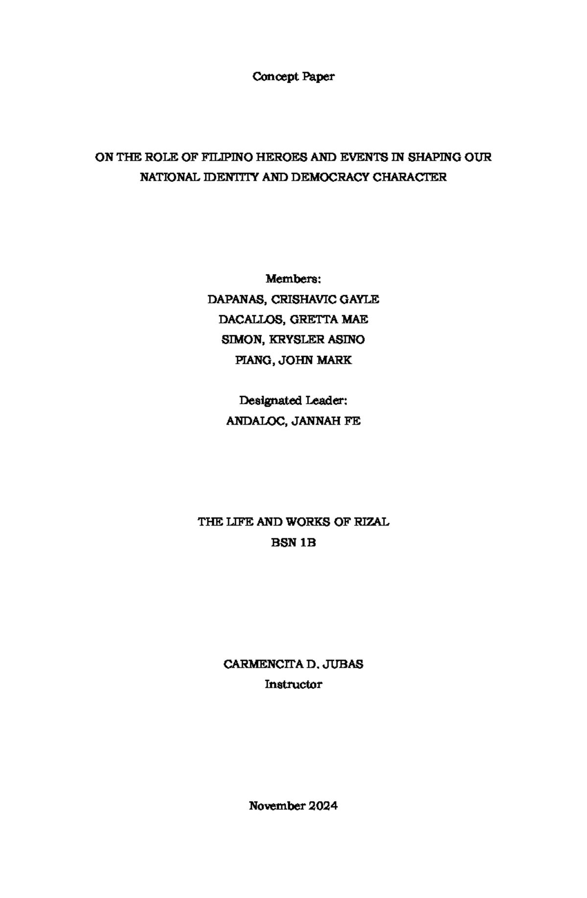 Group 4 Rizal Concept Paper - Concept Paper ON THE ROLE OF FILIPINO ...